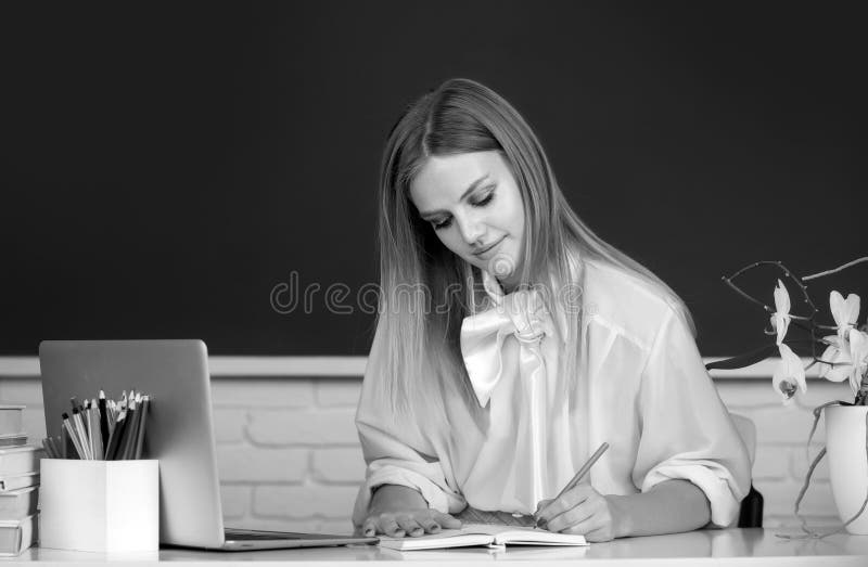 Portrait of Female University Student Study Lesson, Writing on Notebook ...