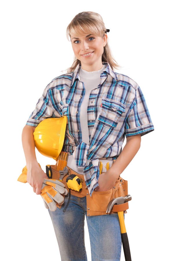 Portrait of Female Worker Isolated on White Stock Image - Image of ...