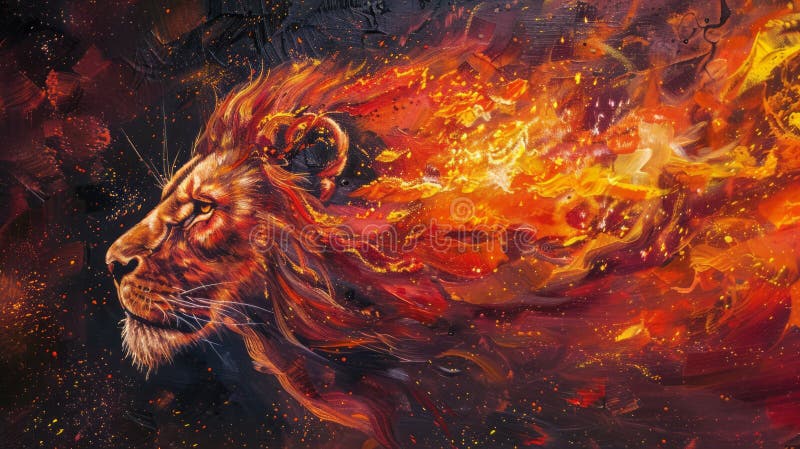 Portrait of a fire lion stock illustration. Illustration of flow ...