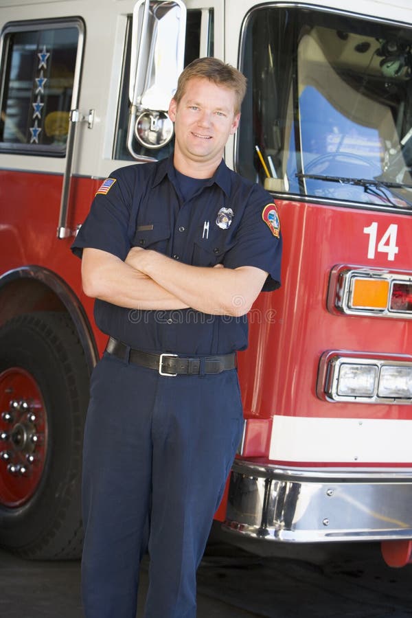 Portrait of a Firefighter by a Fire Engine Stock Image - Image of model ...