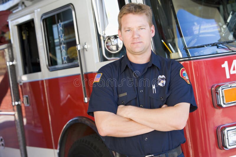 Portrait of a Firefighter by a Fire Engine Stock Photo - Image of model ...