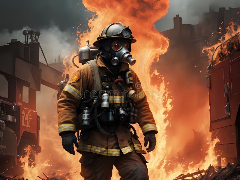 Portrait of a Firefighter in Front of Explosive Fire Wearing ...