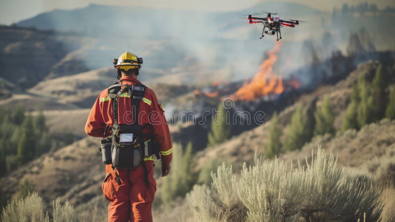 Portrait of Firefighter Wearing Gear and Using Drone To Explore the ...