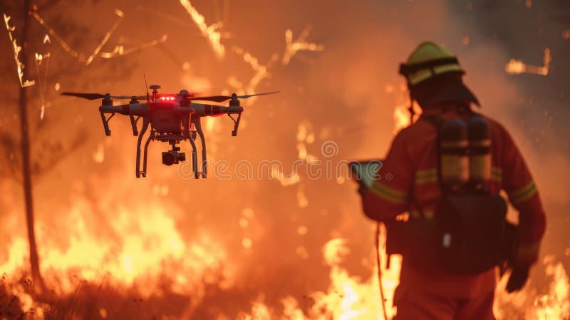 Portrait of Firefighter Wearing Gear and Using Drone To Explore the ...