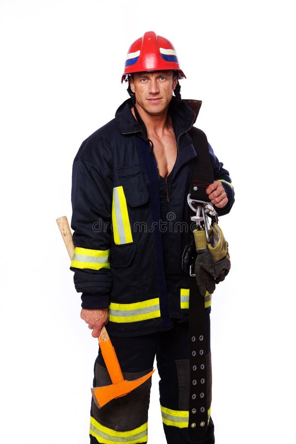 Portrait of Fireman Posing on White Background Stock Photo - Image of ...