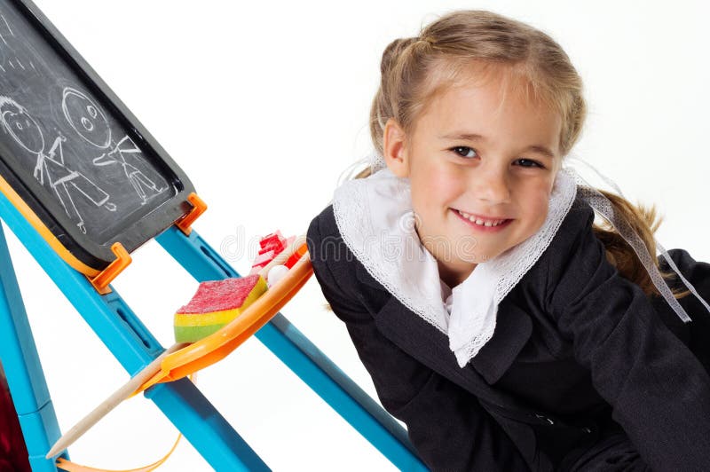 Portrait of a First Grader in a School Uniform on a White Background ...