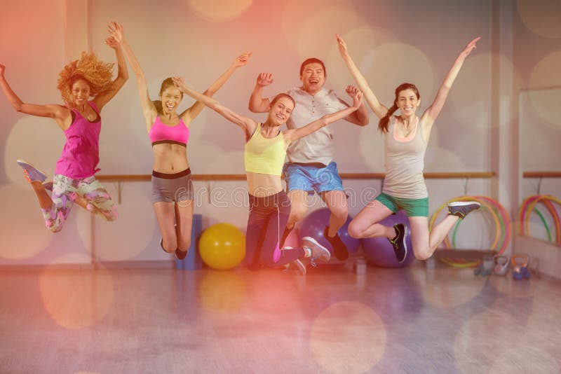 Portrait of Fitness Team Jumping Stock Image - Image of friendship ...