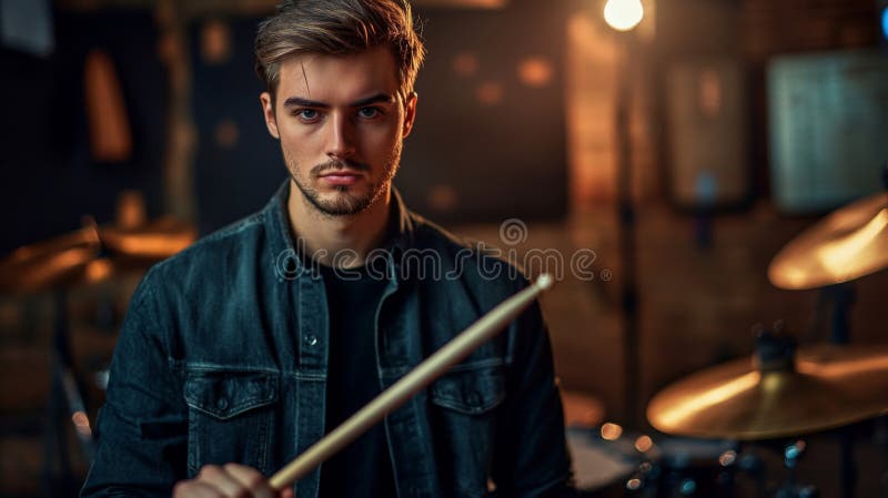 Portrait of Focused Drummer Holding Drumsticks in Music Studio with ...