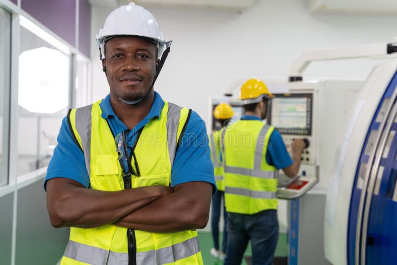 Portrait of Foreman Engineer Worker Labor with Machine in Factory Plant ...