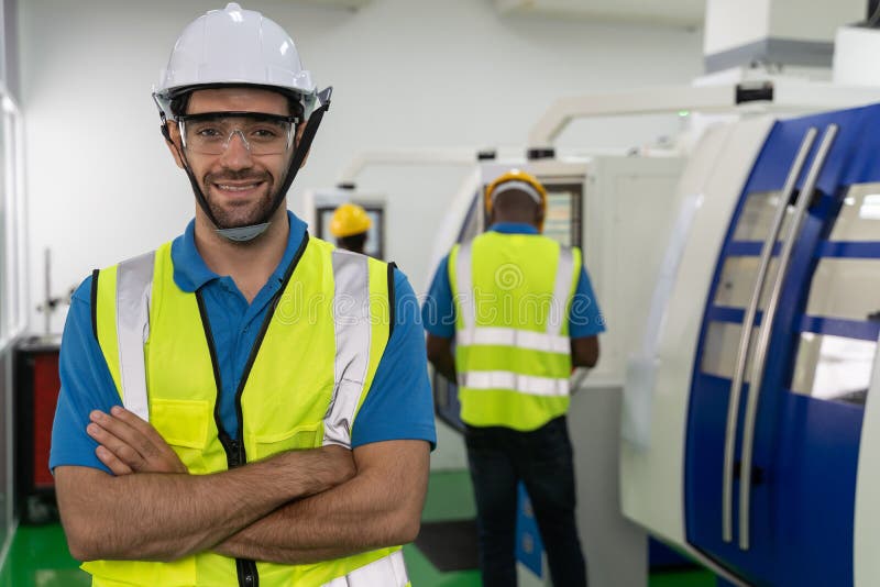 Portrait of Foreman Engineer Worker Labor with Machine in Factory Plant ...