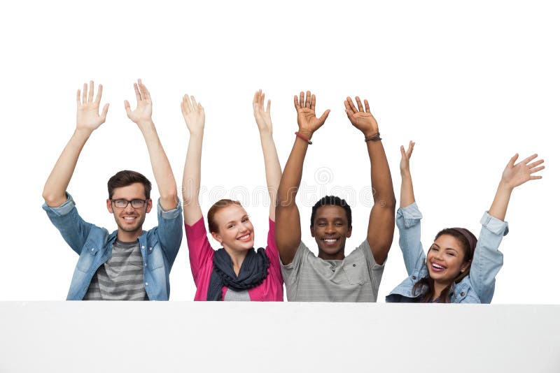 Portrait of Four Young Friends Raising Hands Stock Image - Image of ...