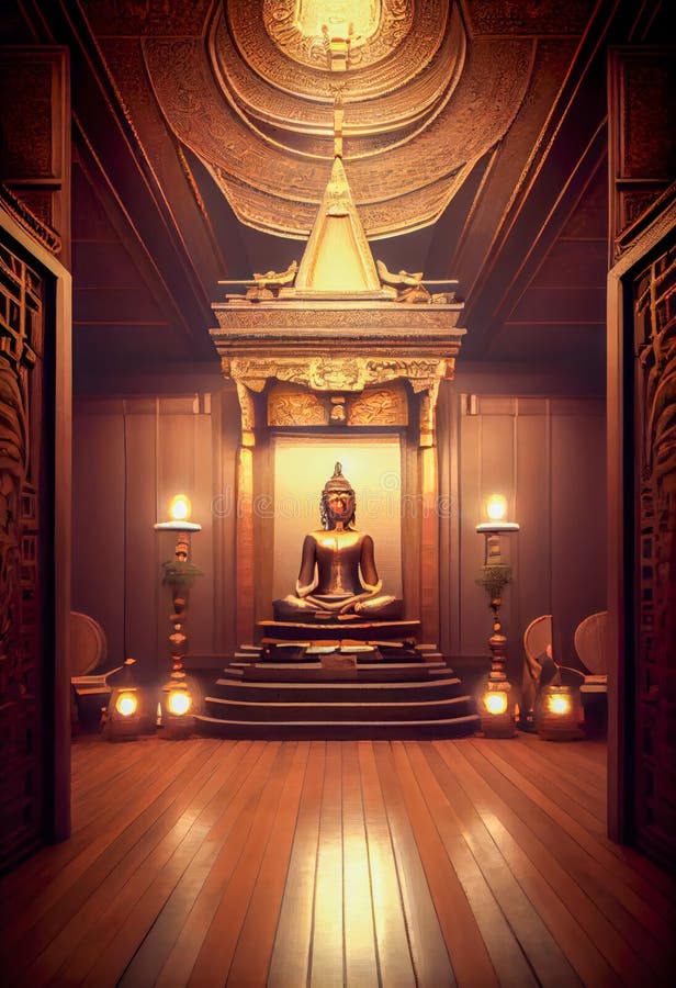 Portrait Front View of Classical Buddha Statue in a Monastery Hall Room ...