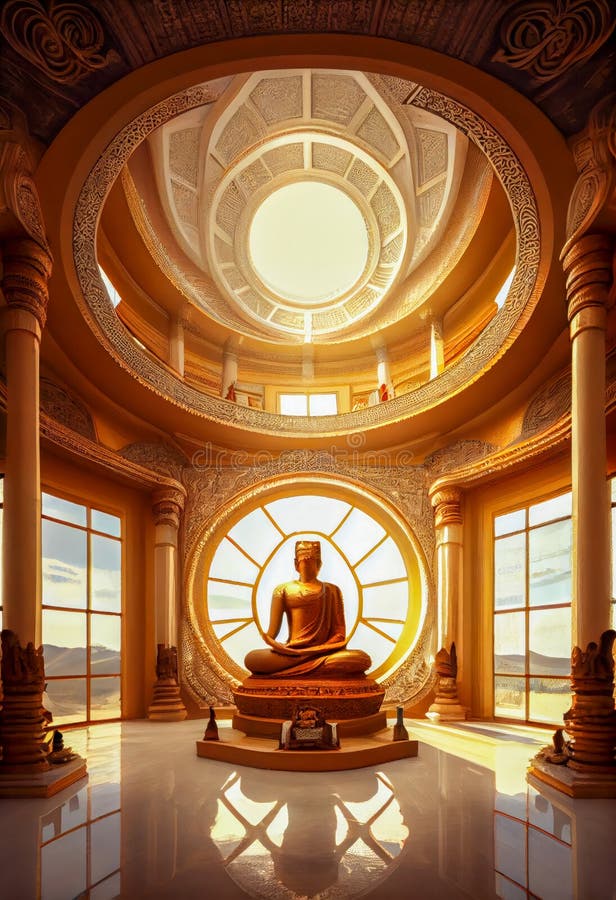 Portrait Front View of Classical Buddha Statue in a Monastery Hall Room ...