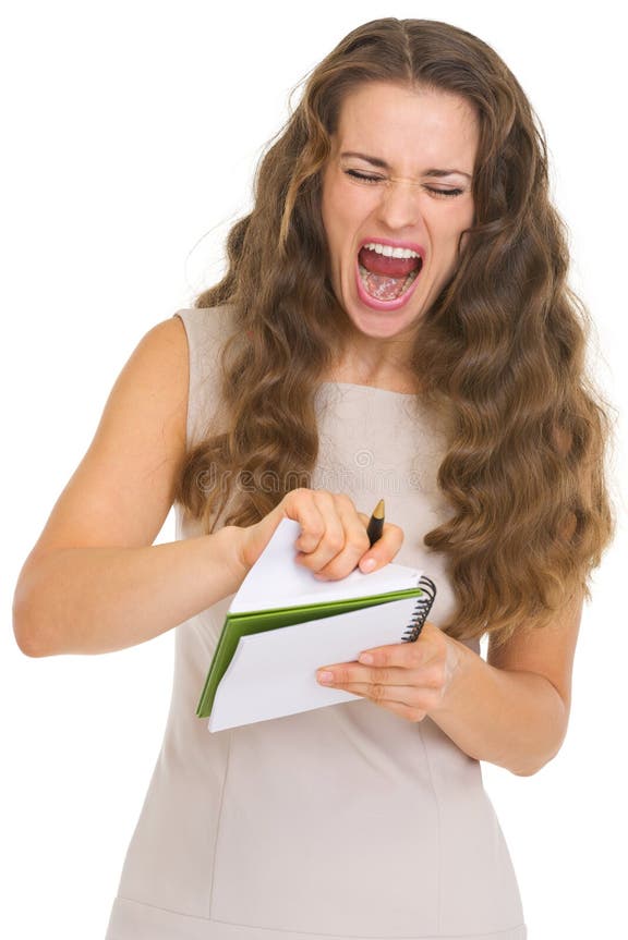 Frustrated Woman Pulls Out Sheet from Notebook Stock Photo - Image of ...
