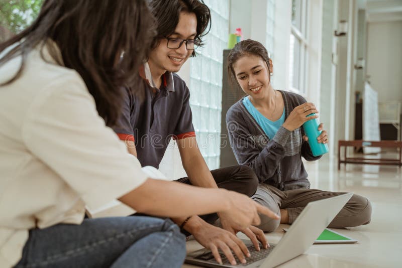 Portrait Fun Students Sit Down Working in Groups Stock Image - Image of ...