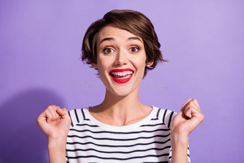 Portrait Of Funky Cute Short Brunette Hairdo Girl Yelling Hands Fists