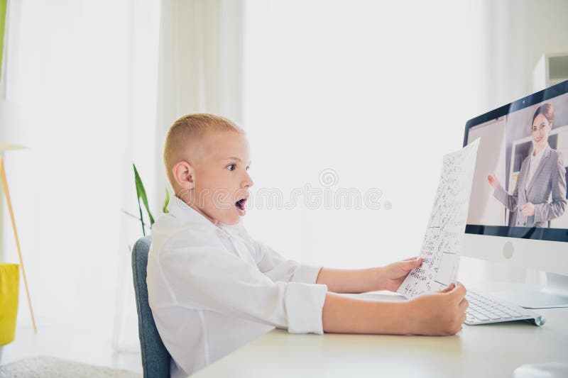 Portrait of Funny Clever Intelligent Boy Learner Study from Home Remote ...