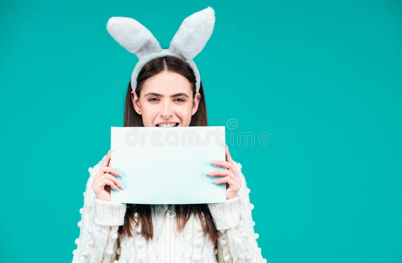 Portrait of Funny Easter Bunny Woman Hold Board. Stock Image - Image of ...