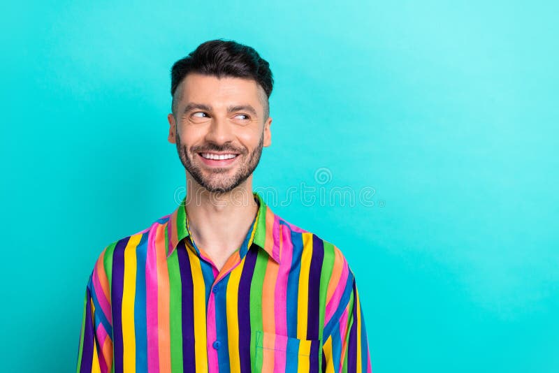 Portrait Of Funny Glad Good Mood Handsome Guy With Brunet Haircut Wear