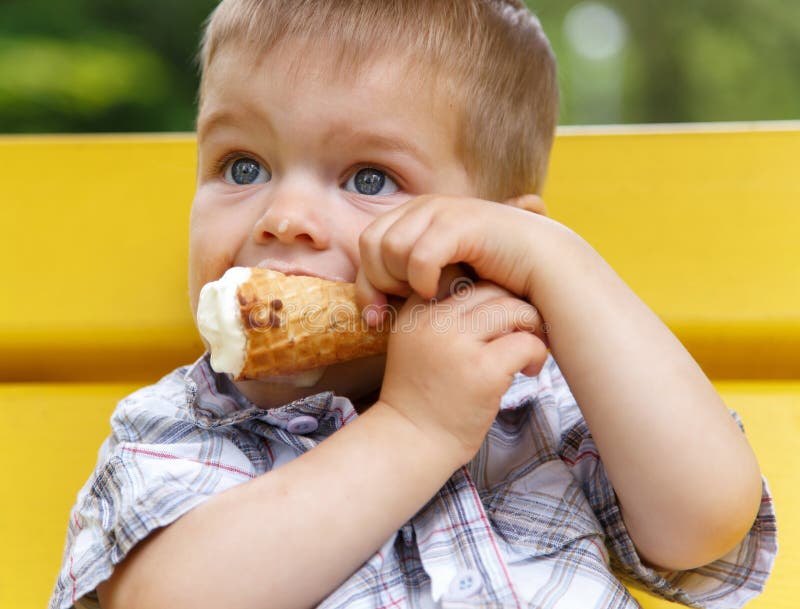Portrait of Funny Kid Biting Ice-cream Cone Stock Image - Image of nose ...