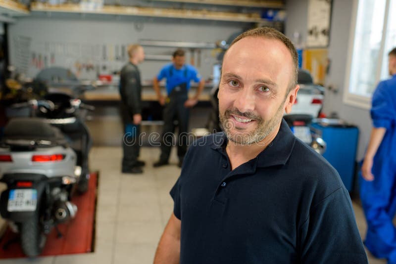 Portrait Garage Mechanic by Computer Stock Photo - Image of happy ...