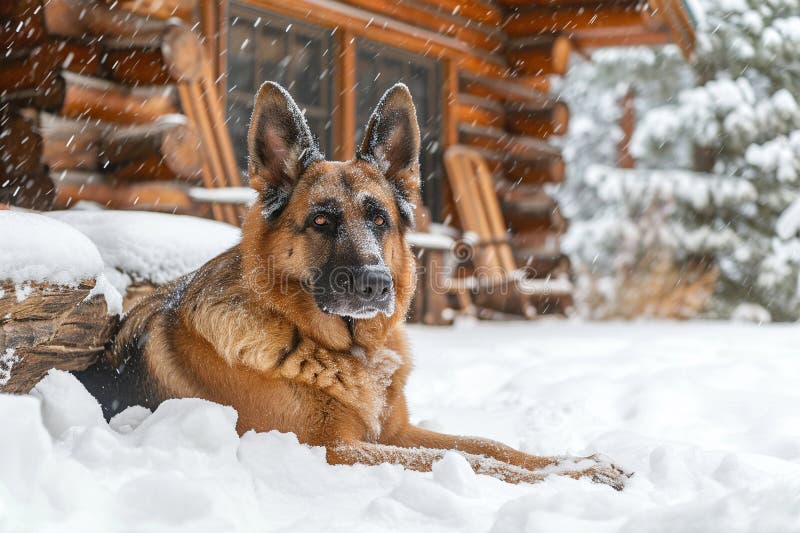 Portrait of German Shepherd Dog in Snow in Front of Log Cabin ...