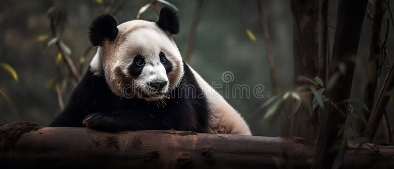 Portrait of a Giant Panda Sitting on a Log in the Forest Stock ...