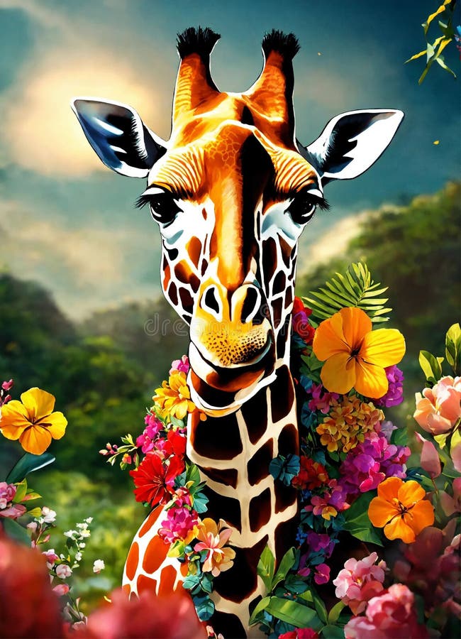 Portrait of a Giraffe with Flowers. Selective Focus Stock Photo - Image ...