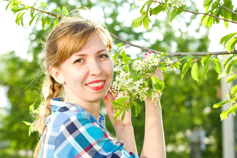 Portrait of a Girl with a Bird-cherry Tree Stock Photo - Image of ...