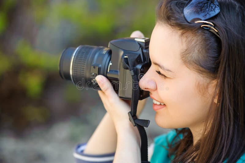 Portrait of Girl with Camera Stock Image - Image of excursionist, adult ...