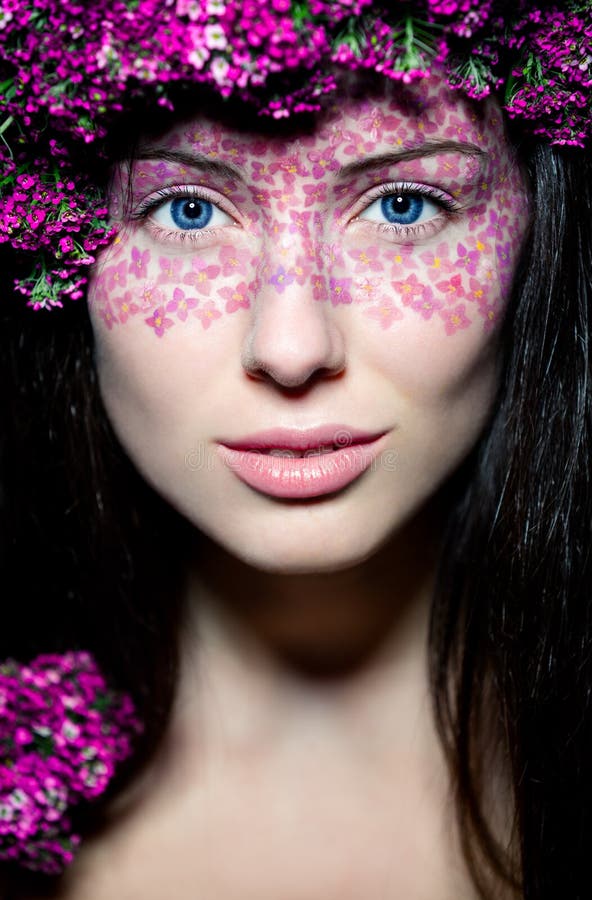 Portrait Girl with Creative Make-up and Pink Flowers Stock Image ...