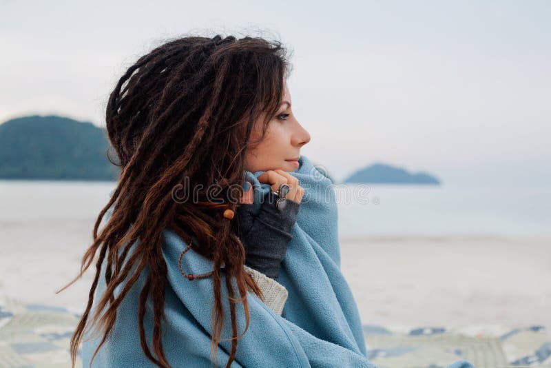 Attracrive Girl with Dreadlocks Covered with Plaid on Beach Stock Photo ...
