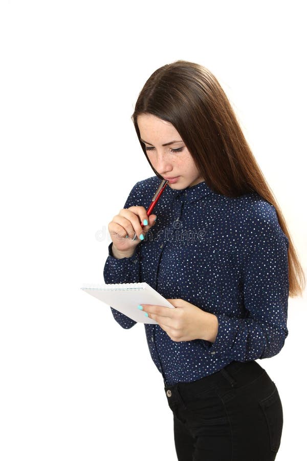 Portrait of a Girl with Notebook and Pen. Stock Image - Image of blue ...