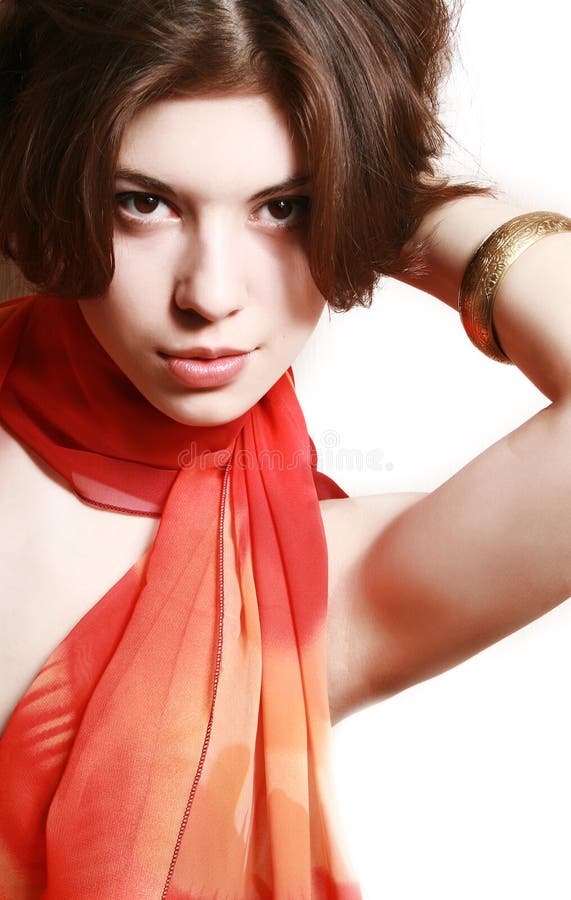 Portrait of the Girl with a Red Scarf. Stock Photo - Image of eyes ...