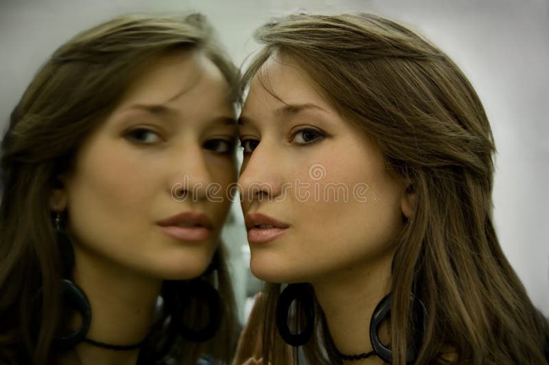 Portrait of a Girl with Reflection in a Mirror Stock Photo - Image of ...
