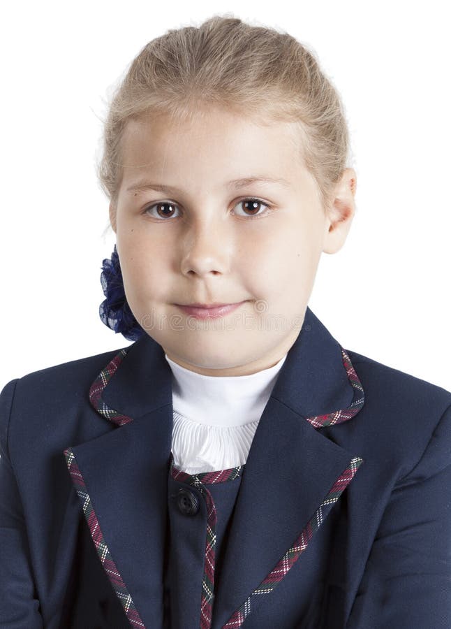 Portrait of a Girl in a School Uniform, Close Up, on White Background ...