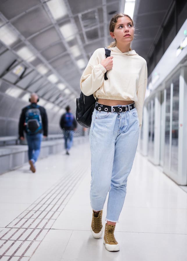 Portrait of a Girl in the Subway, Walking on the Platform Stock Photo ...