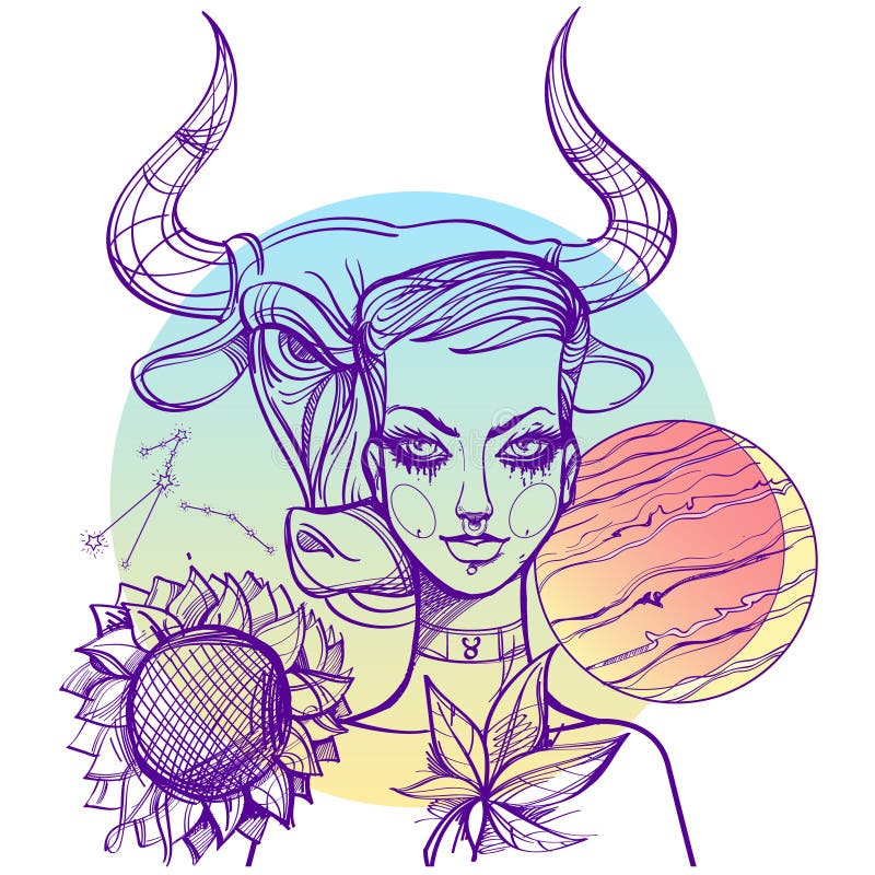 Portrait Of The Girl Symbolizes The Zodiac Sign Taurus Stock Vector