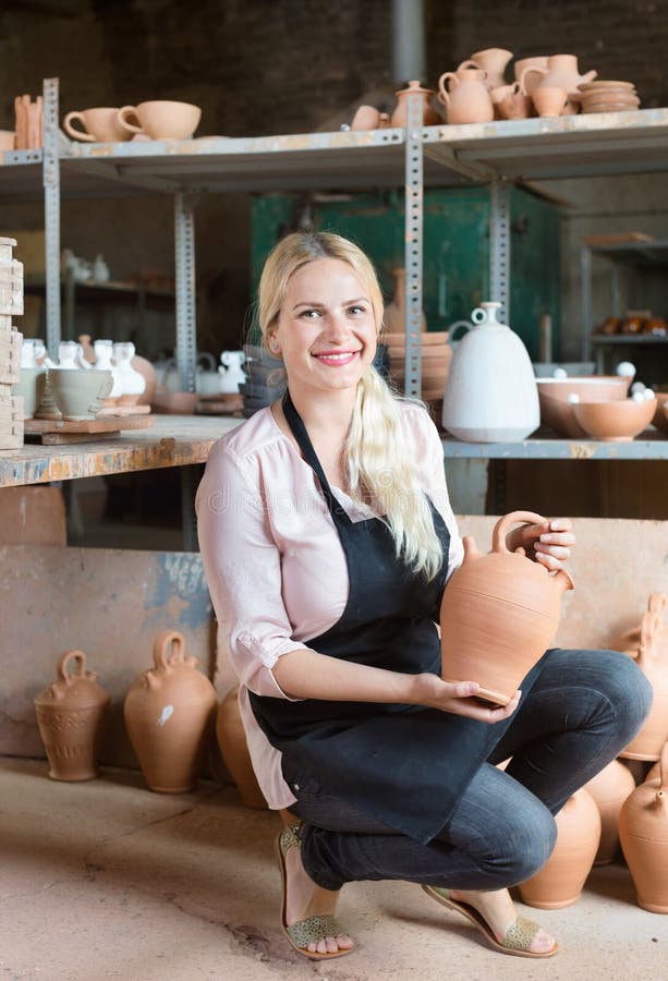 Portrait of Glad Woman Pottery Worker with Ceramic Crockery Stock Image ...