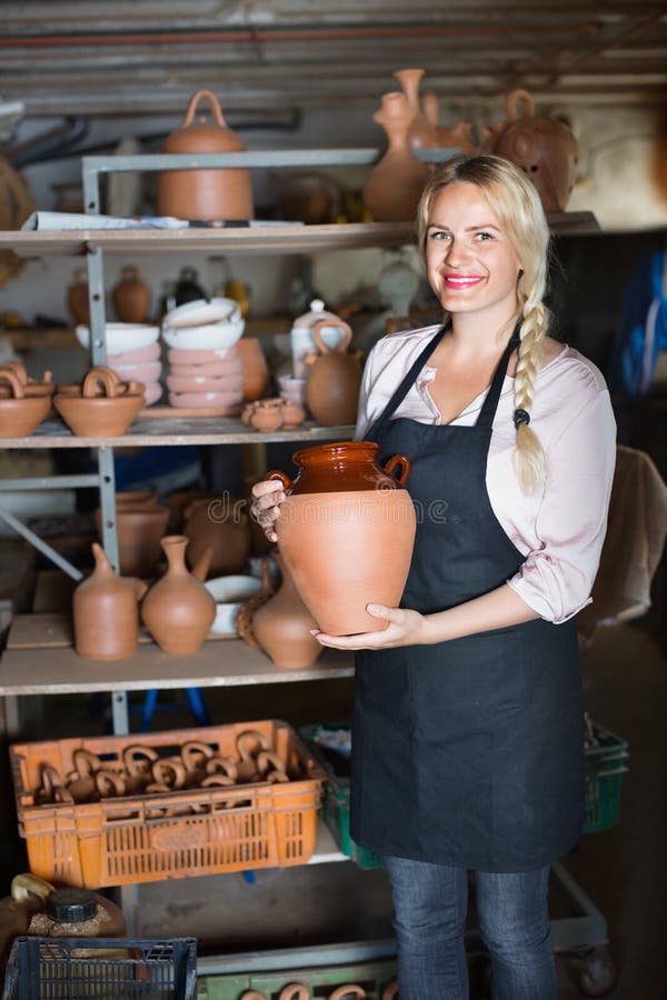 Portrait of Glad Woman Pottery Worker with Ceramic Crockery Stock Image ...