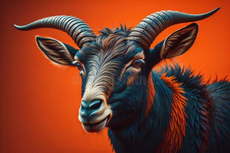Portrait of a Goat with Horns on a Orange Background. Close-up Stock ...