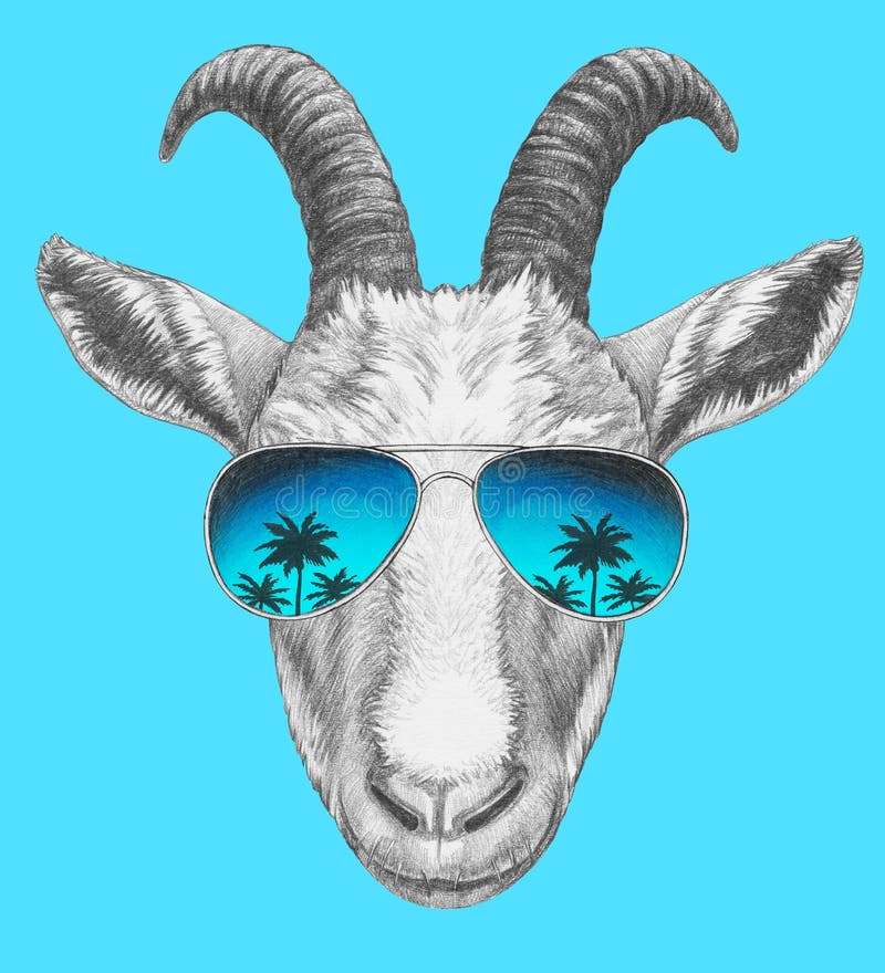 Portrait of Goat with Headphones, Hand-drawn Illustration Stock ...