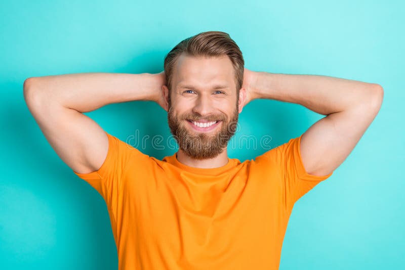 Portrait Of Good Mood Handsome Glad Guy With Blond Beard Wear Orange T