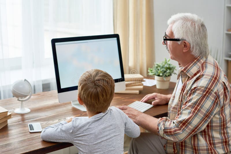 Grandfather and Little Boy Using PC Stock Image - Image of grandpa ...