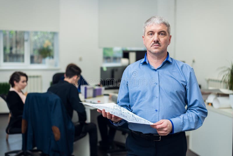 A Portrait of a Grey-haired Senior Office Worker with Moustache. Stock ...