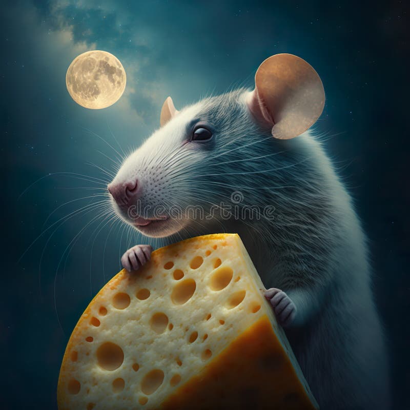 A Portrait of a Grey Rat Holding a Large Piece of Cheese Under the ...