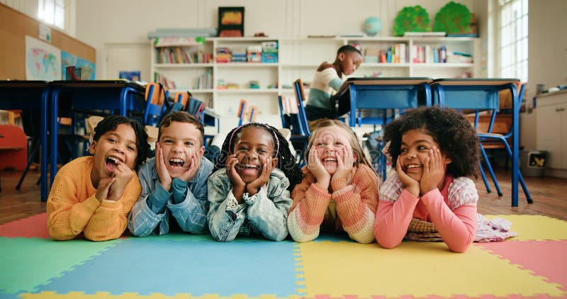 Portrait, Group and Children in Classroom, Happy and Bonding in ...
