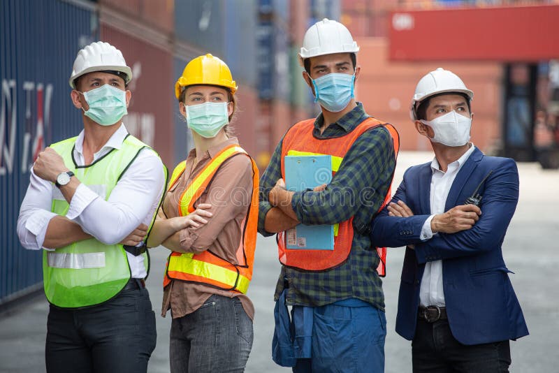 Portrait Group of Confident Container Worker Wearing Face Mask and ...