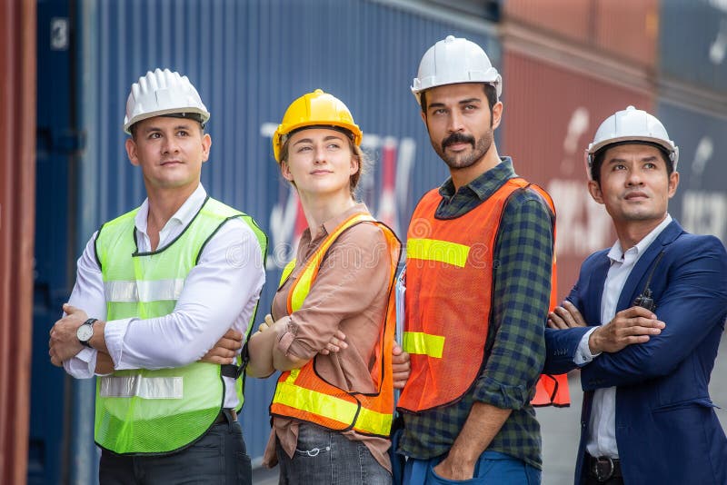 Portrait Group of Container Worker Confident and Smiling Standing at ...