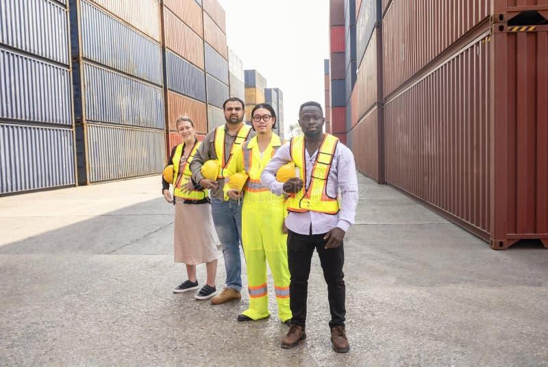 Portrait Group of Container Workers Standing at Container Yard Stock ...